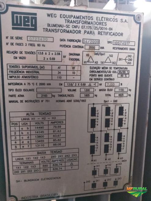 TRANSFORMADOR 2.000 KVA A ÓLEO- TRIFÁSICO - 13.8 KV - WEG em Itu