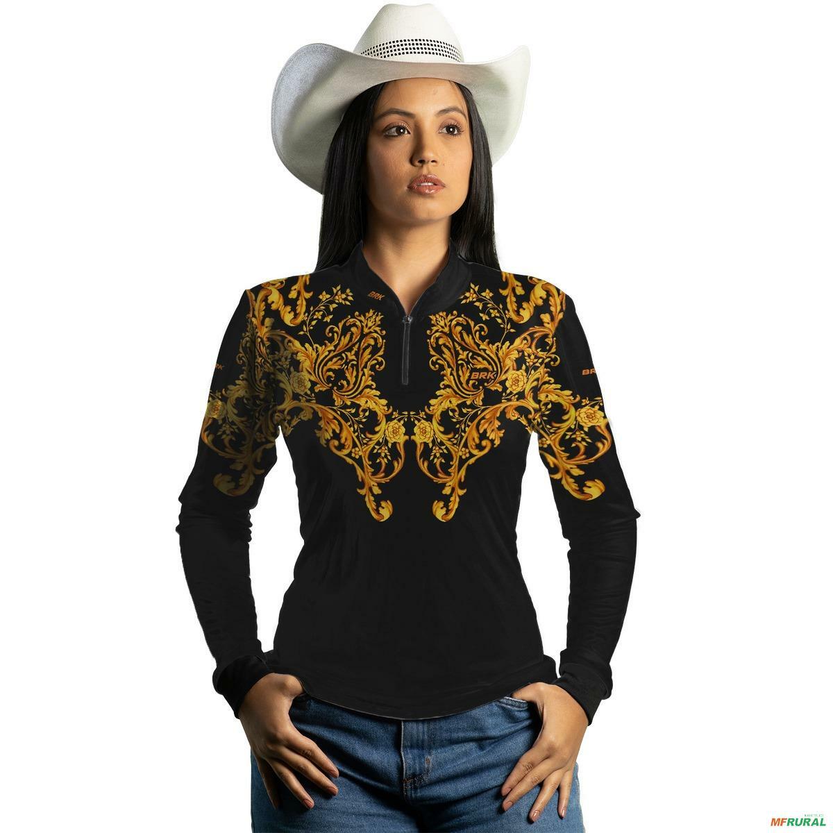 Camisa Country Feminina Brk Boiadeira Dourada E Preto Com Uv50 - 684631